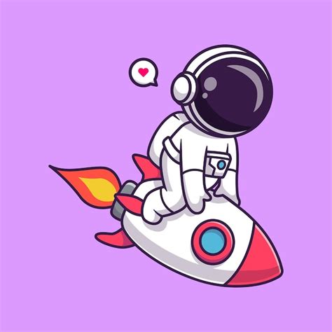 공간 만화 벡터 아이콘 그림 과학 기술 절연에 로켓을 타고 귀여운 우주 비행사 무료 벡터