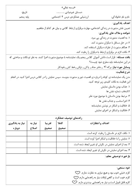 آزمون عملکردی درس 4 اجتماعی پایه پنجم من عضو گروه هستم گاما