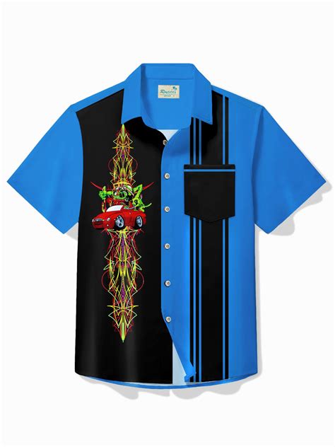 Royaura® Vintage Pinstripe Car Panel Bowling Printed Chest Pocket Shirt