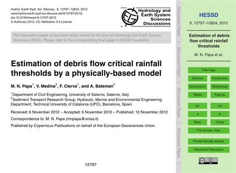 Pdf Estimation Of Debris Flow Critical Rainfall Thresholds By A Physically Based Model
