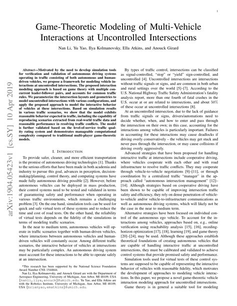 Pdf Game Theoretic Modeling Of Multi Vehicle Interactions At