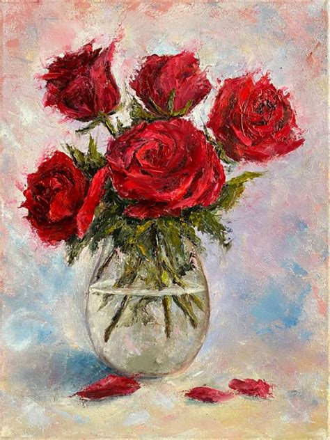 Картина букет роз 40 х 30 см Картина красной розы маслом на холсте в интернет магазине на