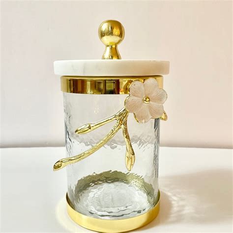 Marble And Gold Hammered Glass Canister With White Cherry Blossom Flower