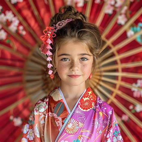 Premium Photo A Girl In A Kimono With A Red Flower On Her Hair