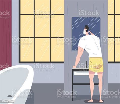 화장실 거울 앞에서 면도 하는 남자 매일 루틴 화장실 만화 벡터 일러스트에서 위생 절차 남자에 대한 스톡 벡터 아트 및 기타