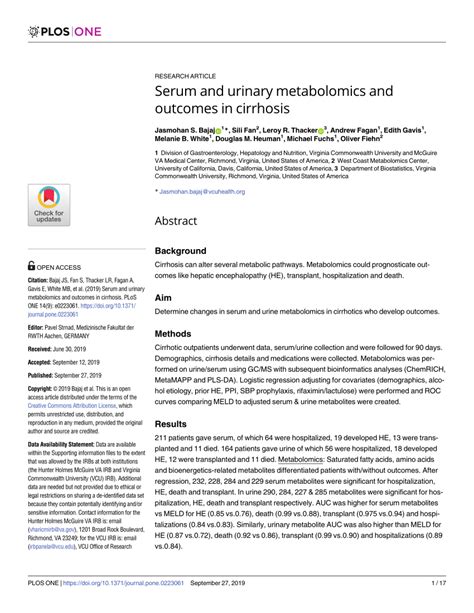 Pdf Serum And Urinary Metabolomics And Outcomes In Cirrhosis