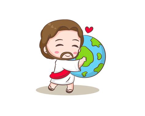 Cute Jesus Christ Cartoon Character Hugging The Earth Hand Drawn Chibi