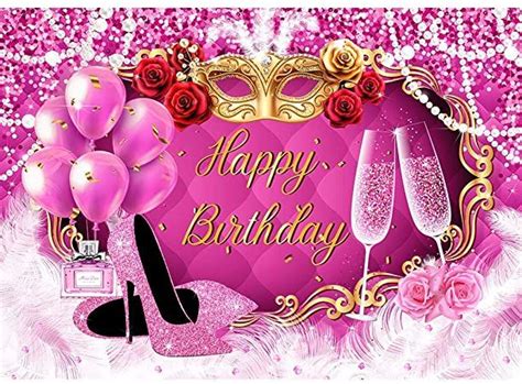 7x5ft Pink Happy Birthday Backdrop High Heel Mask Pink Glitter Backdrop