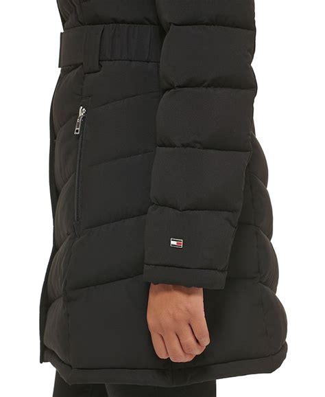 Tommy Hilfiger Womens Belted Faux Fur Trim Hooded Puffer Coat Created