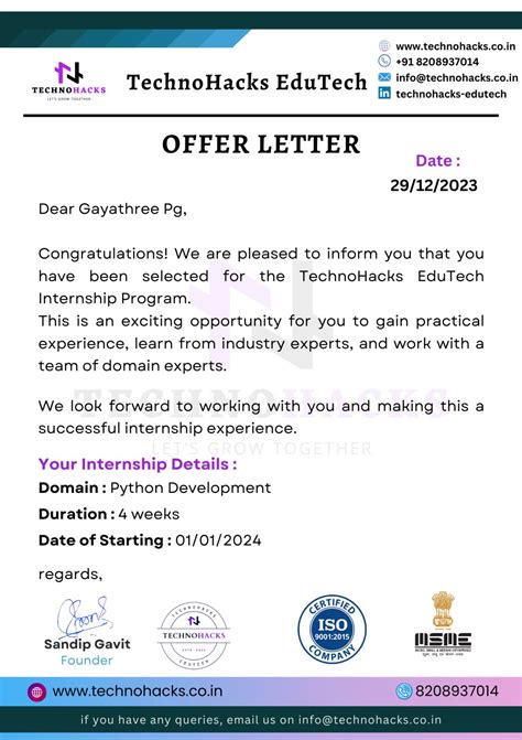 Gayathri Pg On Linkedin Internship Offerletter Pythondeveloper