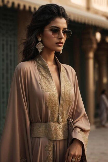 A Woman Wearing A Gold Dress And Sunglasses Stands On A Sidewalk