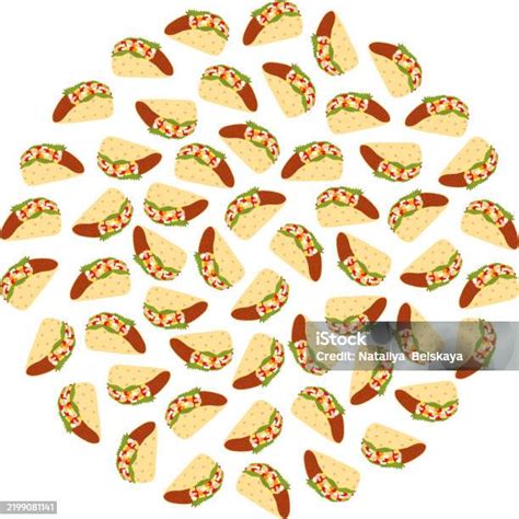 타코 야채와 고기 채우기 원형 배경 질감입니다 주제 또는 메뉴 카드 배경 아이디어 개념에 대한 스톡 벡터 아트 및 기타 이미지 개념 고기 길거리 음식 Istock