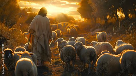Bible Jesus Shepherd With His Flock Of Sheep Stock Illustration