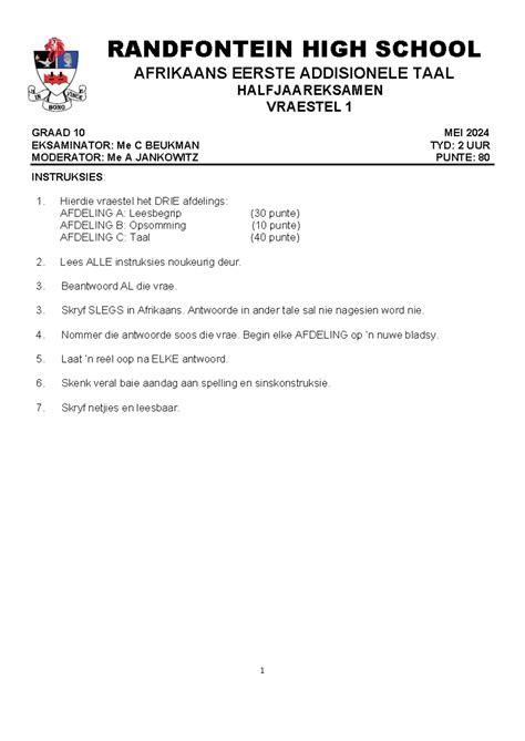 Graad 10 2024 Junie Vr1 Test Yourself Randfontein High School
