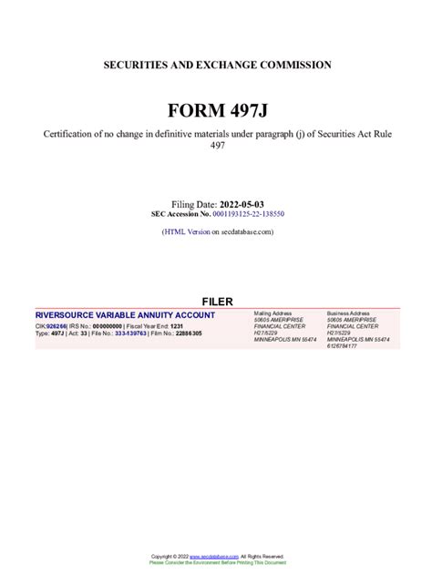 Fillable Online Riversource Variable Annuity Account Form 497j Filed