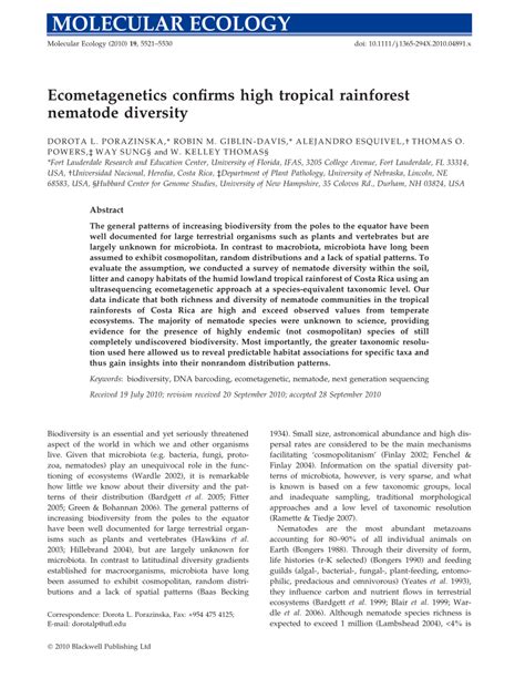 Pdf Ecometagenetics Confirms High Tropical Nematode Diversity