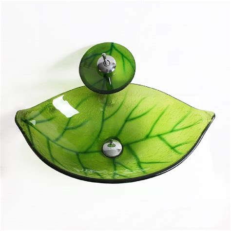 Modern Light Green Leaf Shaped Tempered Glass Vessel Sink Waterfall