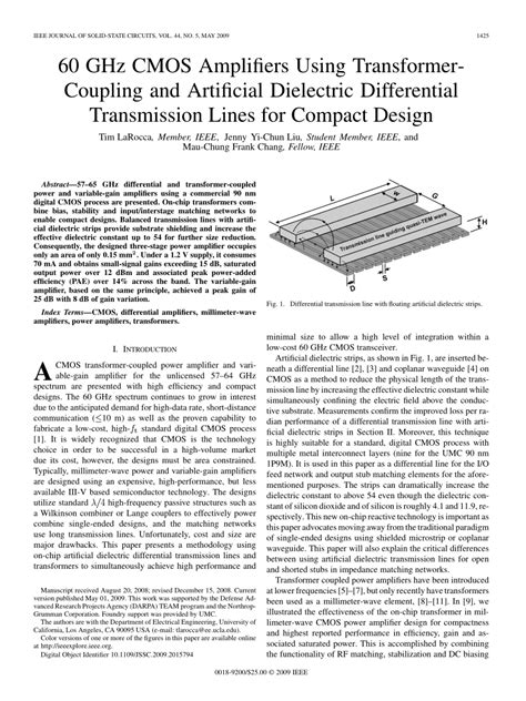 Pdf 60 Ghz Cmos Amplifiers Using Transformer Coupling And Artificial Dielectric Differential