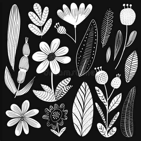 Black White Floral Pattern Featuring Various Stylized Flowers Leaves