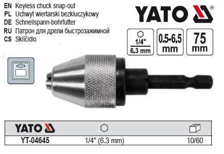 Патрон для дрели YATO Польша HEX 1/4" Ø=0.5-6.5 мм L= 75 мм металл YT ...