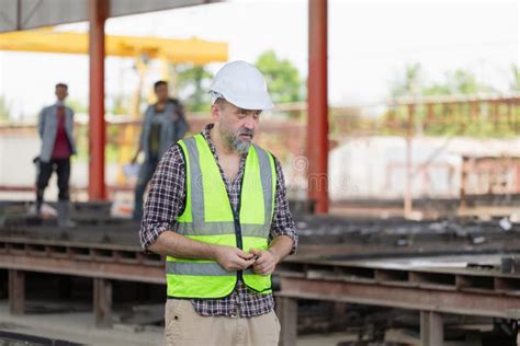 Engineer Man Checking Project At The Precast Factory Site Foreman Worker In Hardhat On