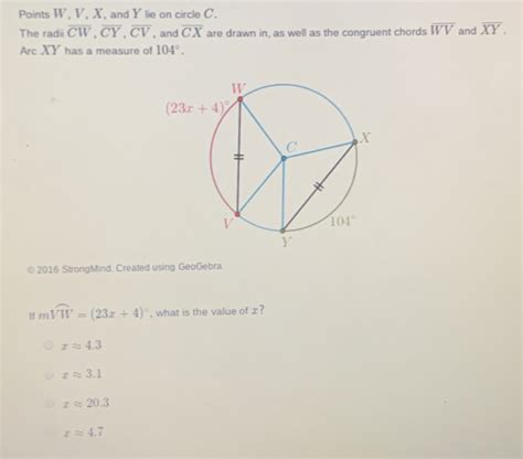 Solved Points W V X And Y Lie On Circle C The Radii Overline Cw