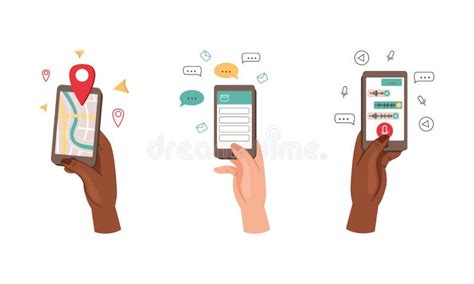 Hands Holding Smartphones Set People Chatting Texting And Using City Map Gps Navigation On