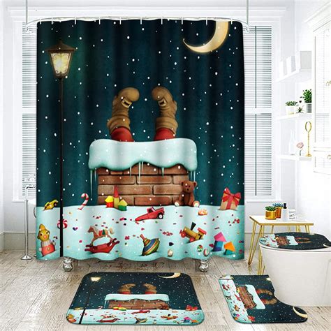 4 Pcs Shower Curtain Set Vintage Christmas Santa Claus Elf With Non