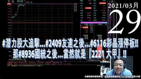 【量子戰情室】陳武傑 0329，潛力股大追擊2409友達之後6116彩晶漲停板那8936國統之後當然就是『2221 大甲