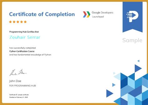 Passed Python Certification Course From Programming Hub Zouhair