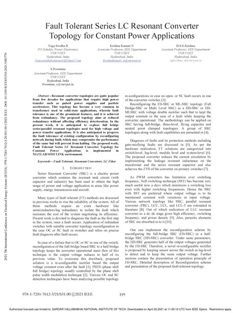 Pdf Fault Tolerant Series Lc Resonant Converter Topology For Constant Power Applications