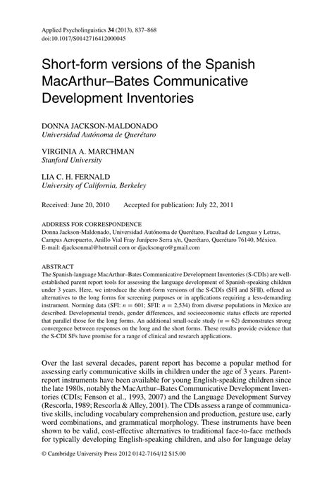 Pdf Short Form Versions Of The Spanish Macarthurbates Communicative Development Inventories