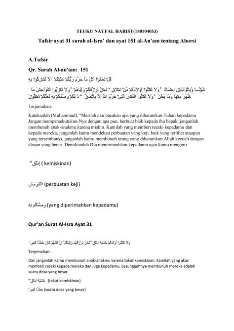 Tafsir Ayat 31 Surah Al Isra Dan Ayat 151 Al Anam Tentang Aborsi