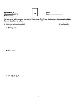 Polynomials Test Version With FULL SOLUTIONS TPT