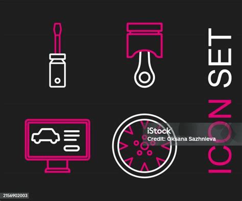 라인 알로이 휠 자동차의 진단 상태 엔진 피스톤 및 드라이버 아이콘을 설정합니다 벡터 건설 기계류에 대한 스톡 벡터 아트 및 기타 이미지 건설 기계류 건설 산업 교통