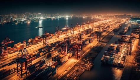 Premium Ai Image Container Ship Unloading Steel Cargo At Illuminated Commercial Dock At Dusk