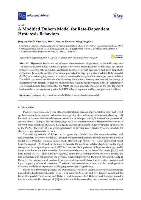 Pdf A Modified Duhem Model For Rate Dependent Hysteresis Behaviors