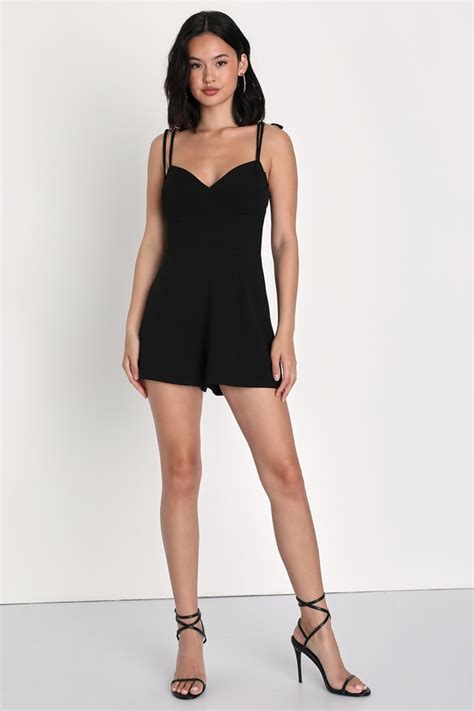 Black Sleeveless Romper Tie Strap Romper Bustier Romper Lulus