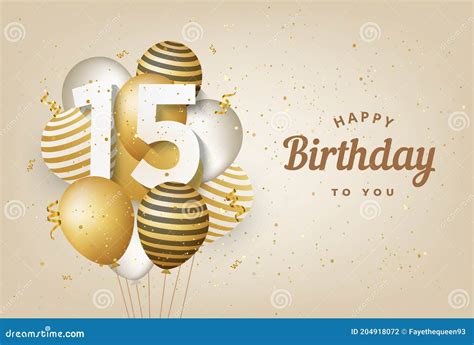 Happy 15th Birthday Gold Foil Balloon Greeting Background Cartoon