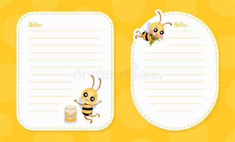 Notes Page With Cute Honey Bee Insect With Jar And Flowers Vector Template Stock Vector