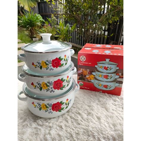 Jual Panci Set Enamel 3 Susun Tutup Kaca Panci Bunga Panci Susun Bunga