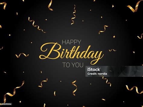 Happy Birthday Card Gold Confetti Black Background Stock Illustration