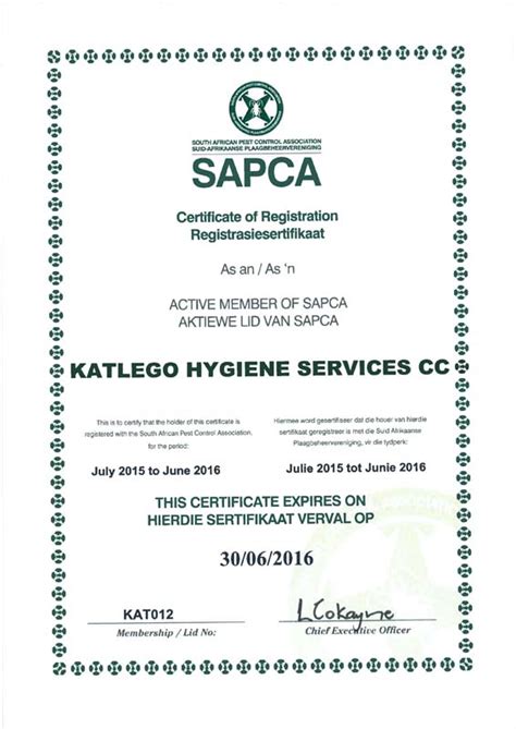 Sapca Pest Control Certificate Servicio