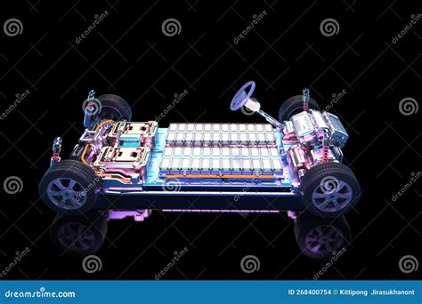 Electric Car With Pack Of Battery Cells Module On Platform Stock Illustration Illustration Of