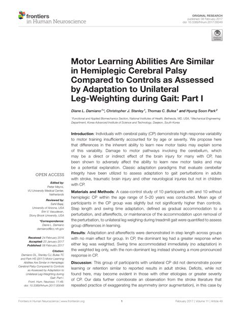 Pdf Motor Learning Abilities Are Similar In Hemiplegic Cerebral Palsy Compared To Controls As
