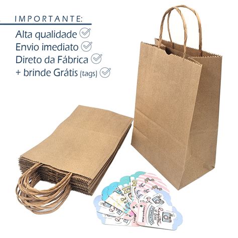 10 Sacola P de Papel Kraft Delivery C Alça BRINDE TAG Elo7