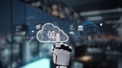 현대적인 사무실 환경에서 클라우드 기술 및 디지털 아이콘과 상호 작용하는 미래형 로봇 손 오바나 0명에 대한 스톡 사진 및 기타 이미지 Istock