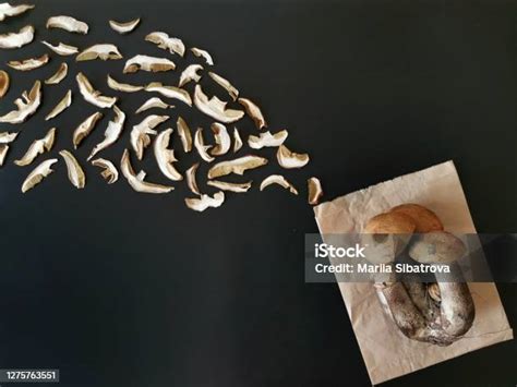 버섯 수확의 개념 종이 봉투에 날아다니는 검은 색 배경에 신선한 피커와 말린 버섯 개념에 대한 스톡 사진 및 기타 이미지