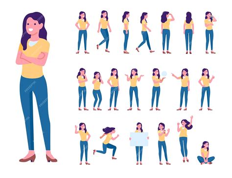 Premium Vector Cartoon Female Character Poses Active Woman In Jeans