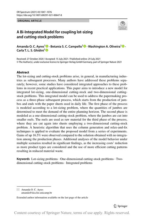 A Bi Integrated Model For Coupling Lot Sizing And Cutting Stock Problems Request Pdf